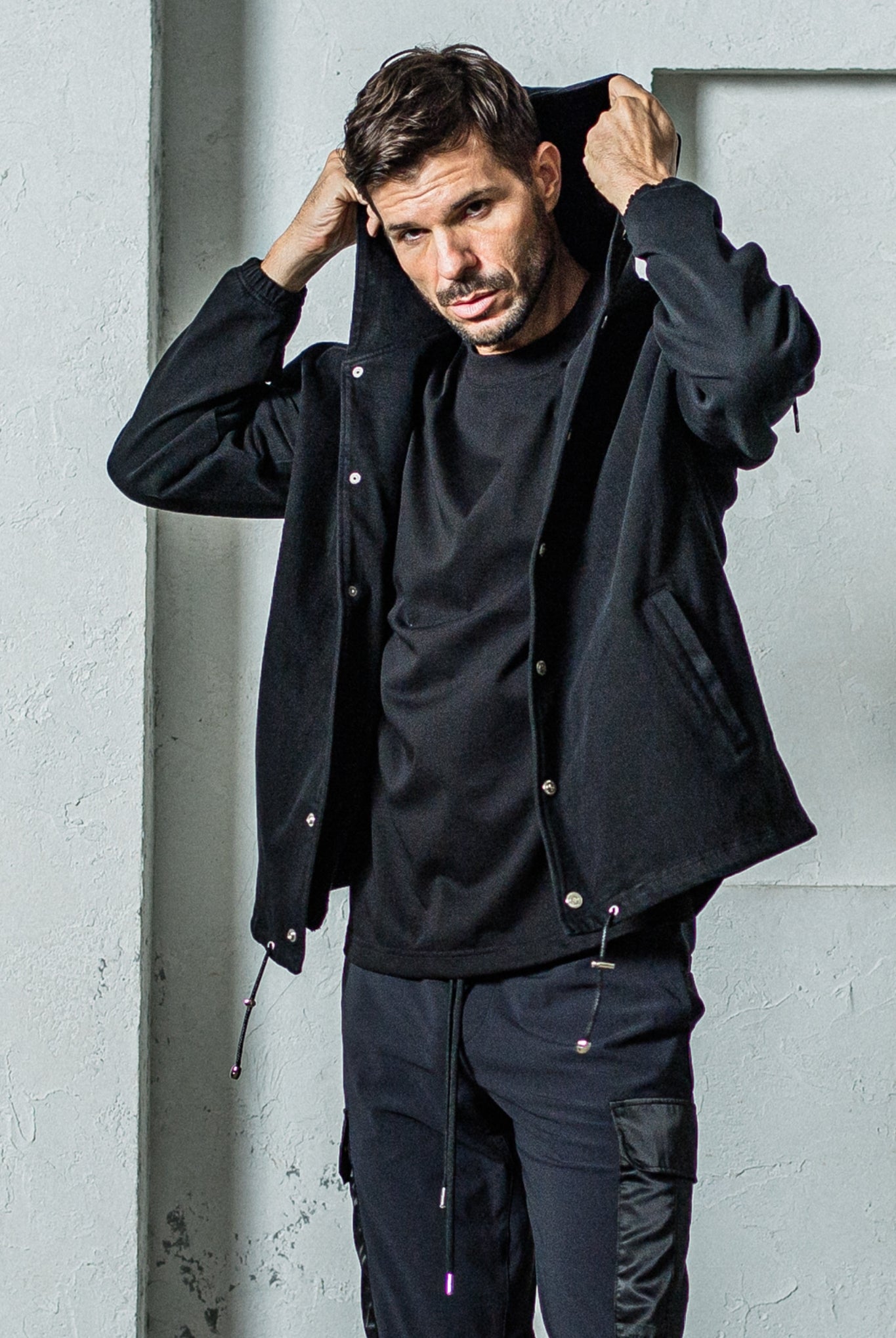 RESOUND CLOTHING リサウンド クロージング | パーカー ブラック デニム コーチジャケット オーバーサイズ ストレッチ素材 スナップボタン DENIM JERSEY ...